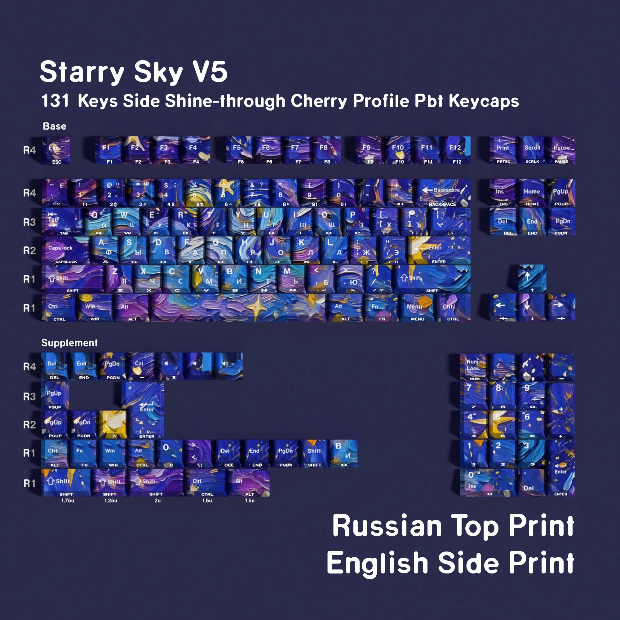 Jaycomia Starry Sky V5 Dye-Sub Cherry Profile Keycaps Double Print 131 Keys ISO Layout Russian