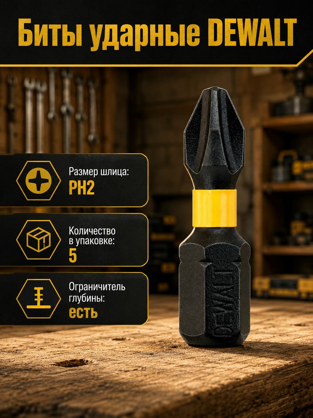 Биты ударные DEWALT, ударные торсионные, PH2х25 мм, 5 шт