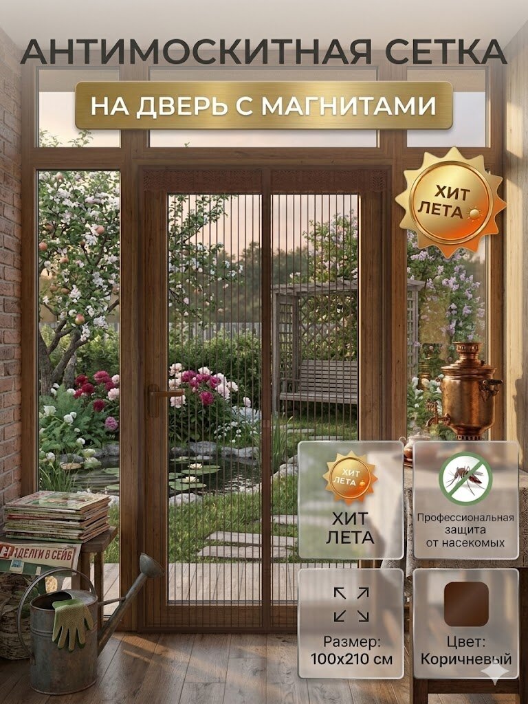 Москитная сетка на дверь с магнитами, 210х100 см. сетка на двери от насекомых, антимоскитная сетка, коричневый