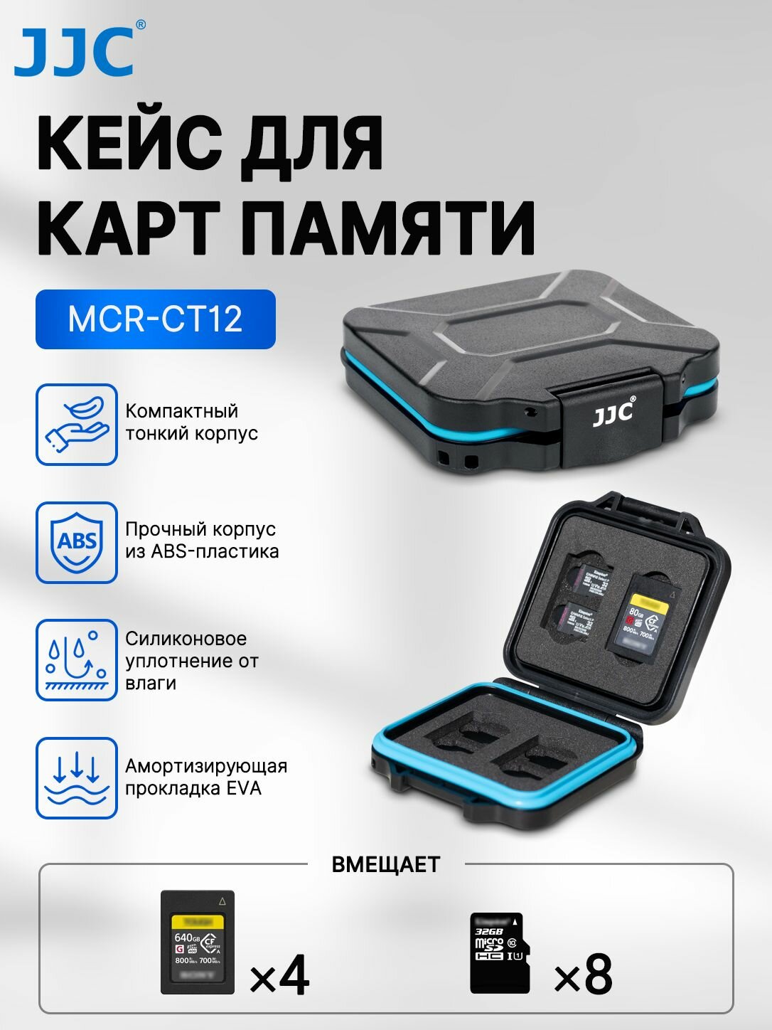 JJC Кейс-органайзер для карт памяти 12 слотов (SD + Micro SD), защитный футляр MCR-ST12 для SD и Micro SD 12 ячеек органайзер