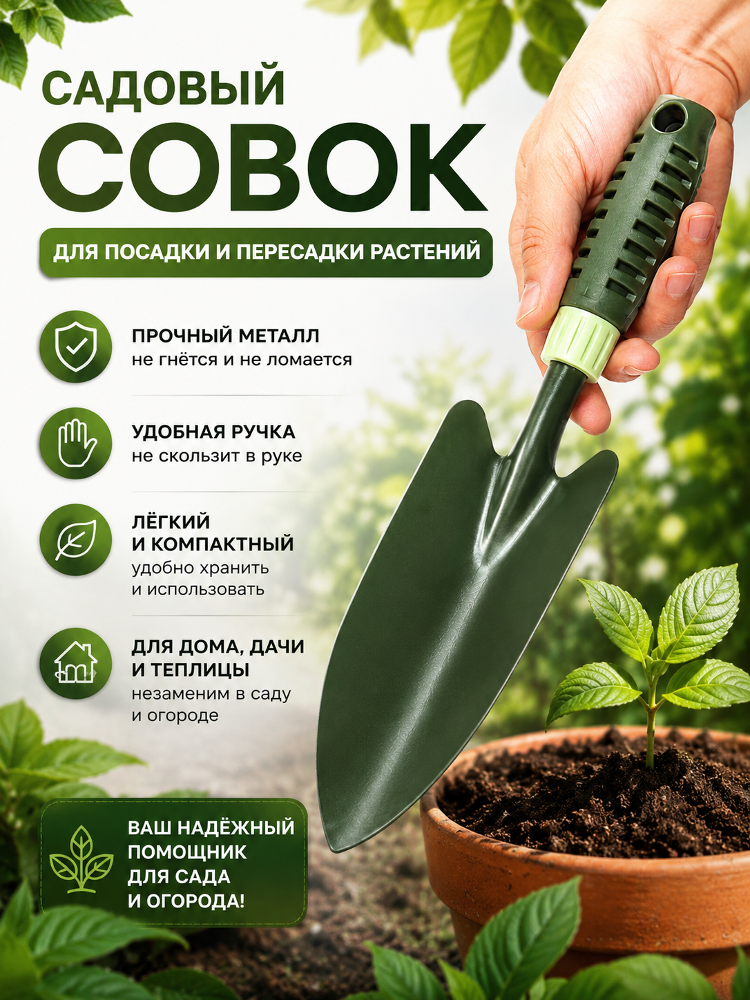 Садовый совок-лопатка, с эргономичной рукояткой, металл, длина 32см