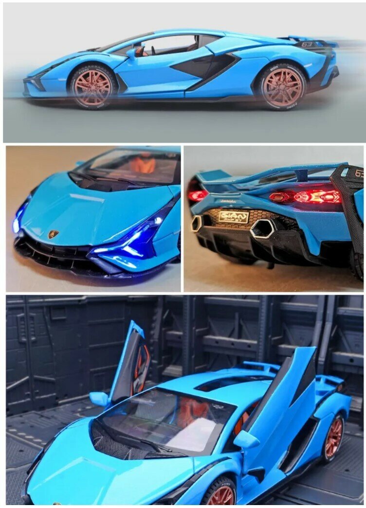 Машинка коллекционная Lamborghini Sian FKP 37, металлическая машинка Ламборгини, Ламба Сиан, масштаб 1:24, свет фар, звук мотора, открываются двери, капот, багажник, подвижный спойлер