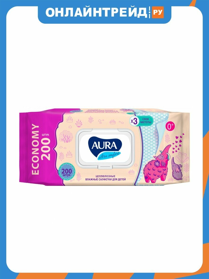 Влажные салфетки для детей Aura big-pack с крышкой, 200 шт