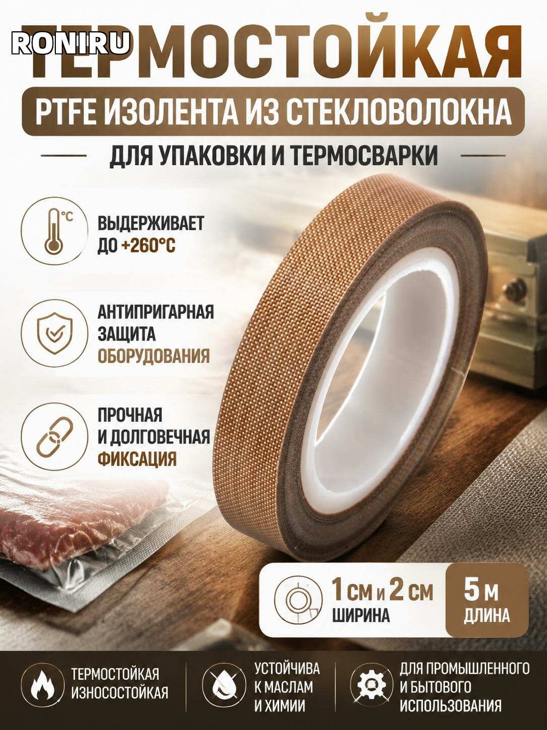 Термостойкая PTFE изолента из стекловолокна для упаковки и термосварки — коричневая 1 см и 2 см х 5 м, антипригарная защита оборудования