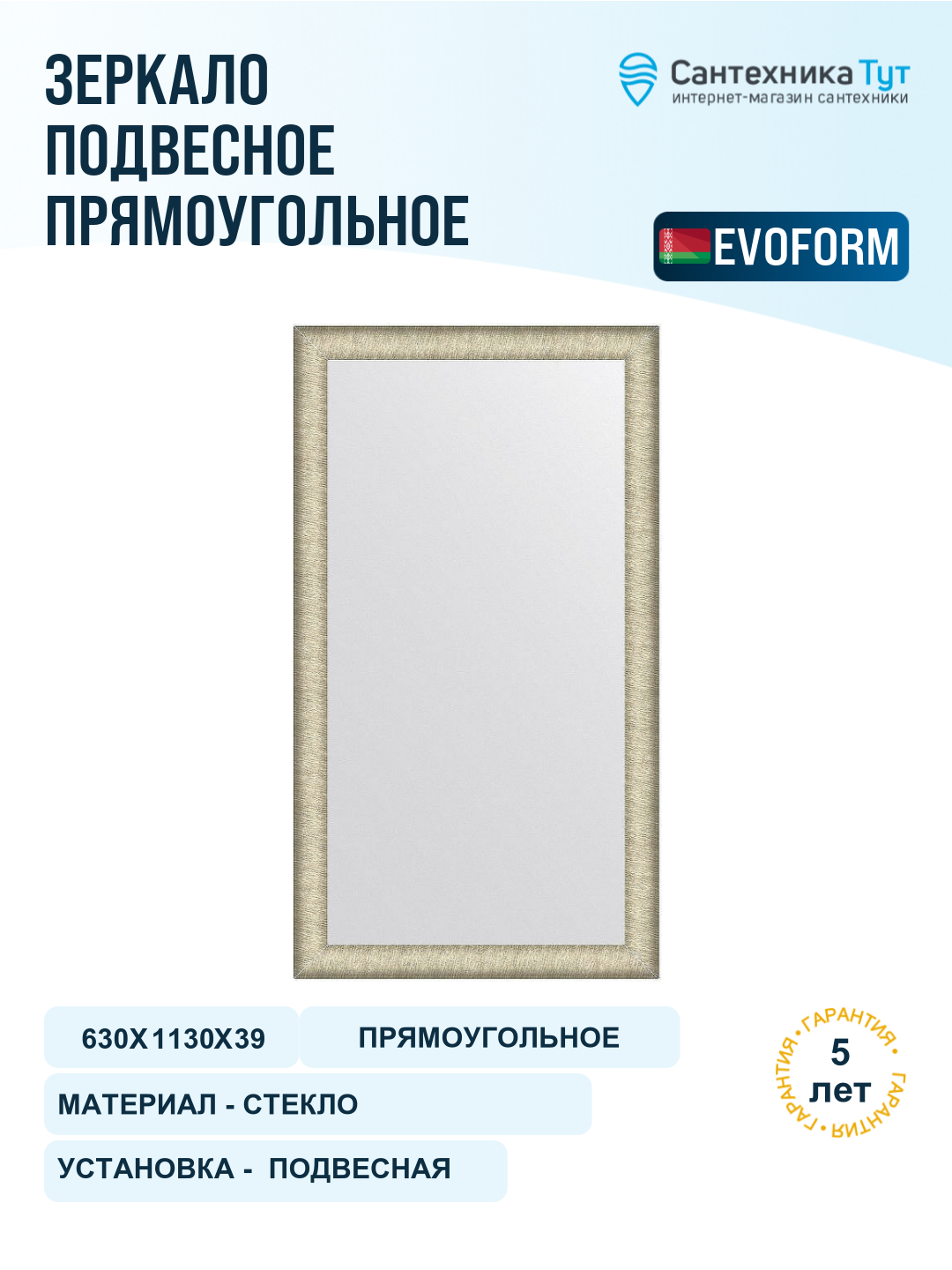 Зеркало Evoform Definite 113х63 BY 7609 в багетной раме - Брашированное серебро 59 мм