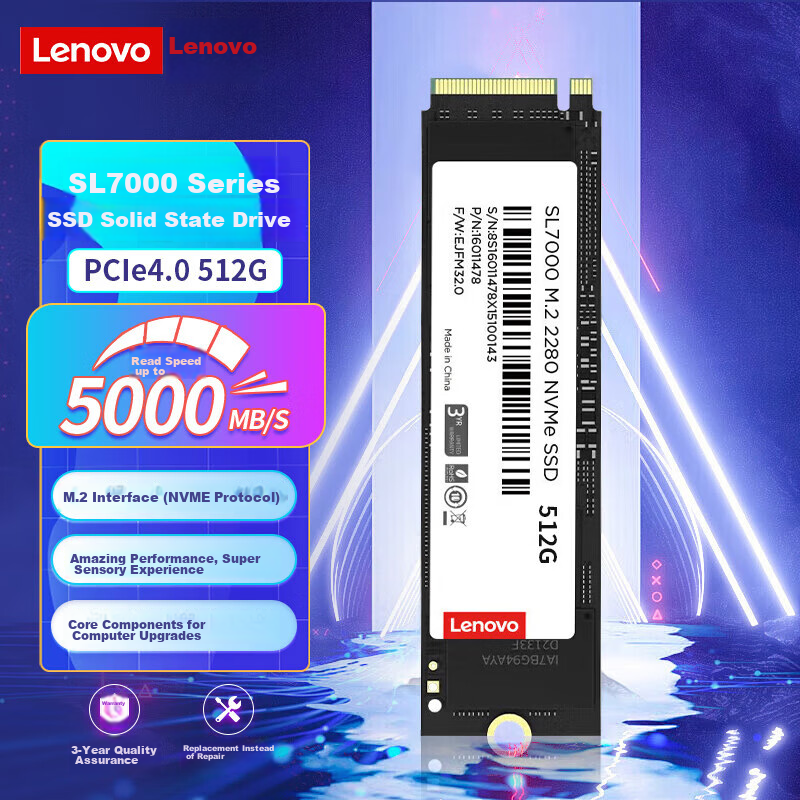 SSD Lenovo SL7000 512GB PCIe 4.0 M.2 NVMe с скоростью чтения 5000 МБ/с Ёмкость：512 ГБСерия：Серия SL7000