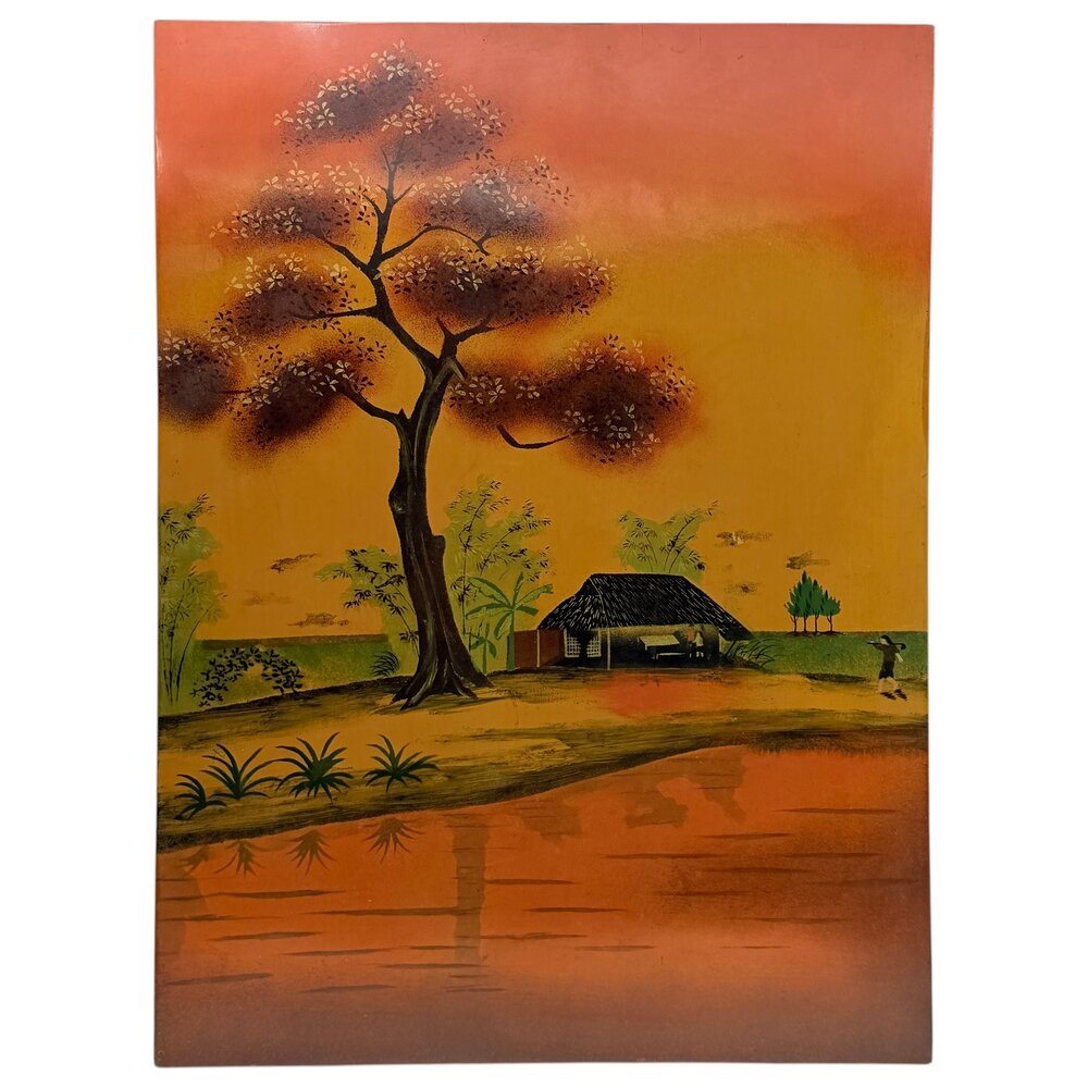 Панно настенное "Деревенский пейзаж", 30*40 см, дерево, краски, лак, 1960-1970 гг, Вьетнам