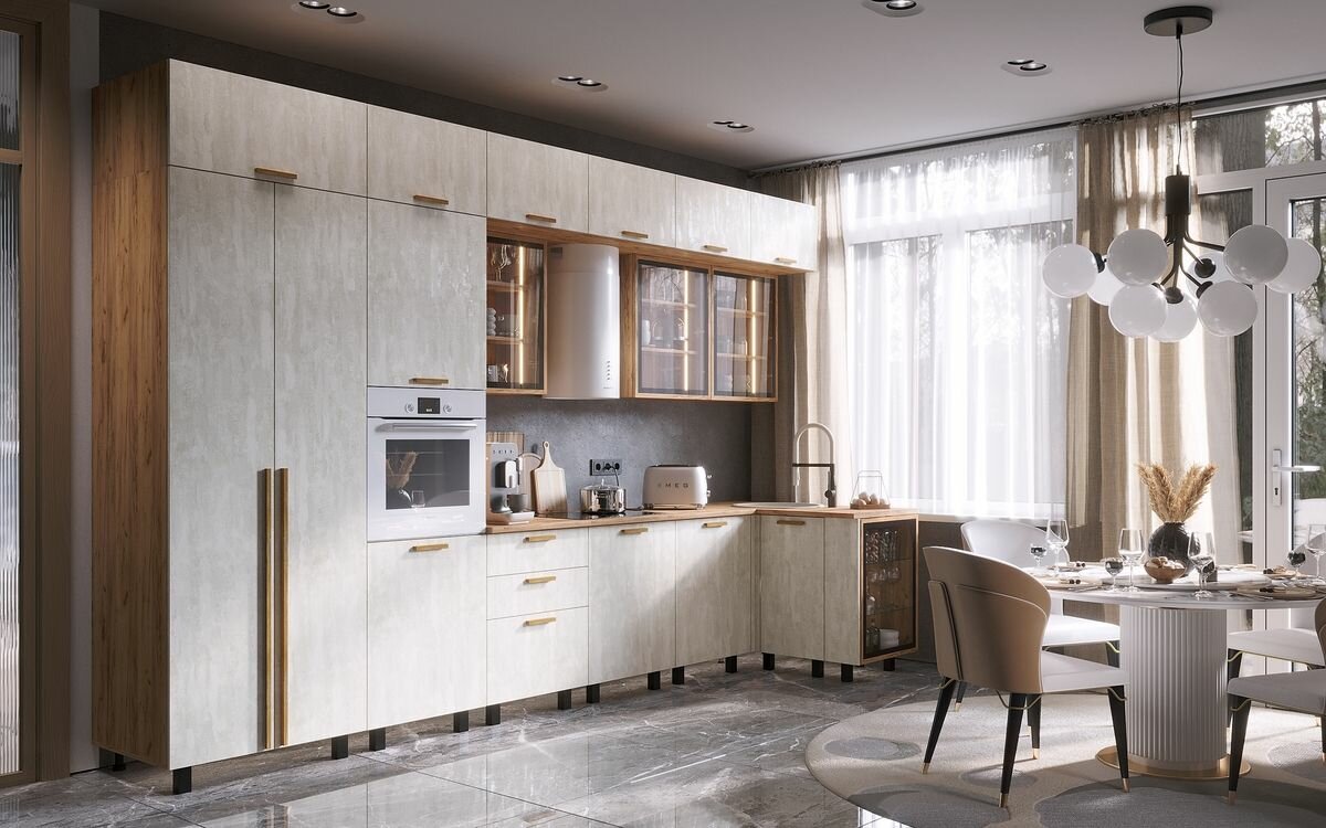 Кухонный гарнитур с подсветкой Рио NEW 3,8х1,2/1080м (490) шелковый камень/дуб крафт к.7, МИФ