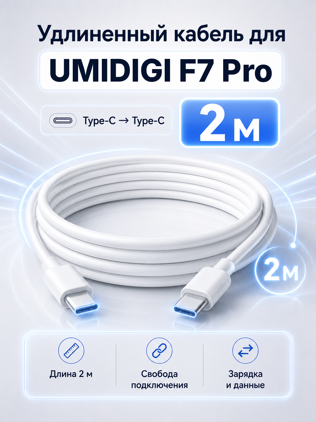 Удлиненный кабель для UMIDIGI F7 Pro Type-C на Type-C, 2 м