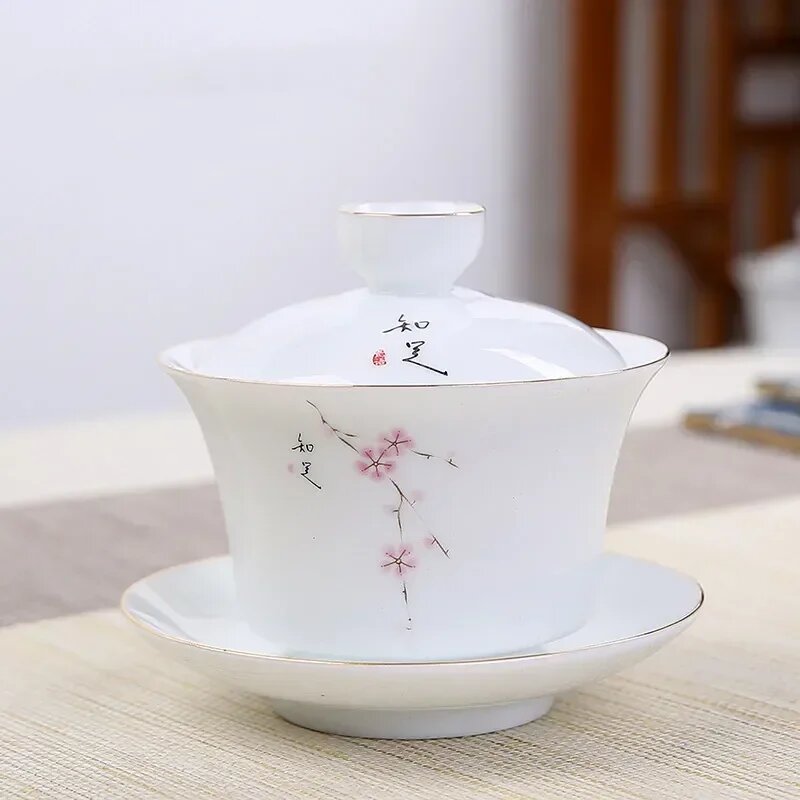 Гайвань керамическая белая с цветком, JINGDE TEA SET, Цвет: A