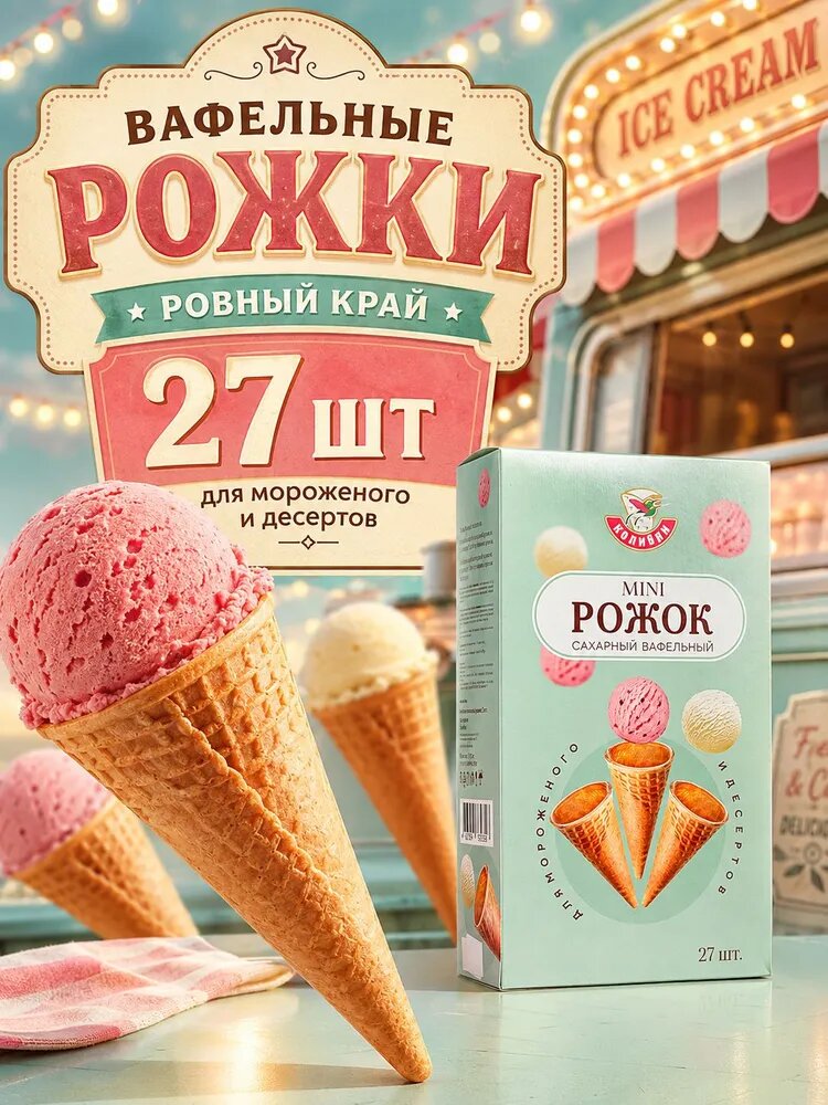 Вафельные рожки Лакомство Колибри, бесцветные, для мороженого, 27 штук