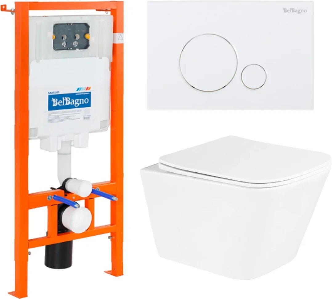 Комплект Унитаз подвесной BelBagno Due BB3103CHR/SC безободковый, с микролифтом, инсталляция BB002-80 с кнопкой BB014-SR-BIANCO
