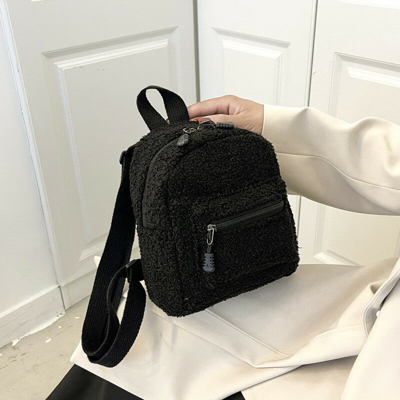 Trendy streetwear mini plush bag with soft structure for teen girls black