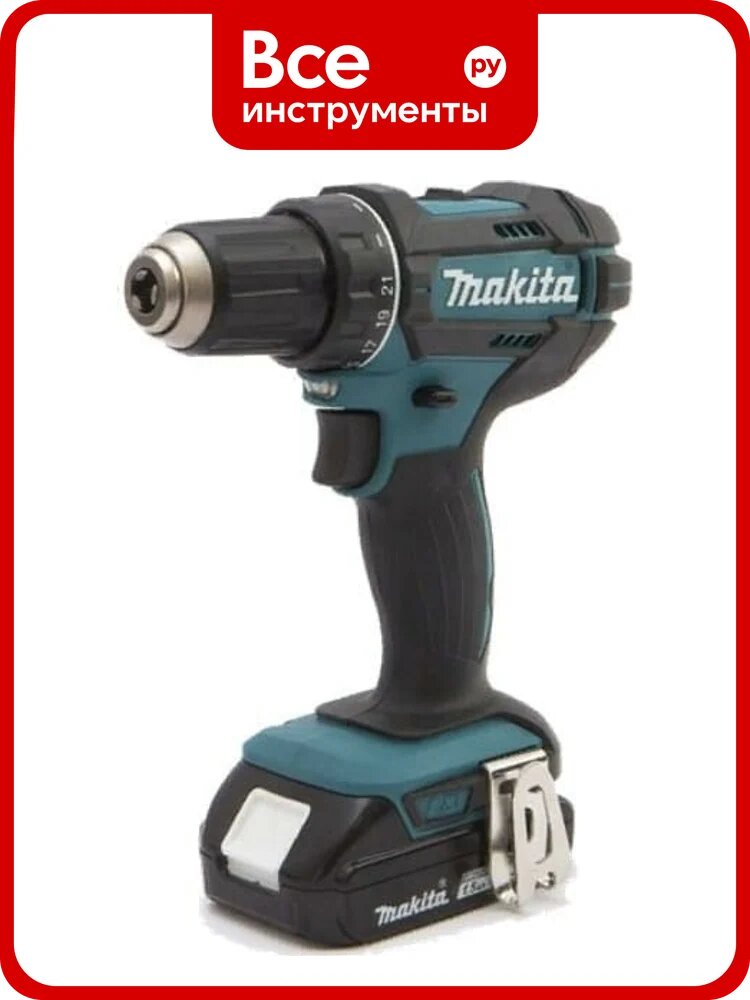 Аккумуляторная дрель-шуруповерт Makita, щеточный двигатель, 21 ступень крутящего момента, 18 В, 2 аккумулятора 1.5 Ач