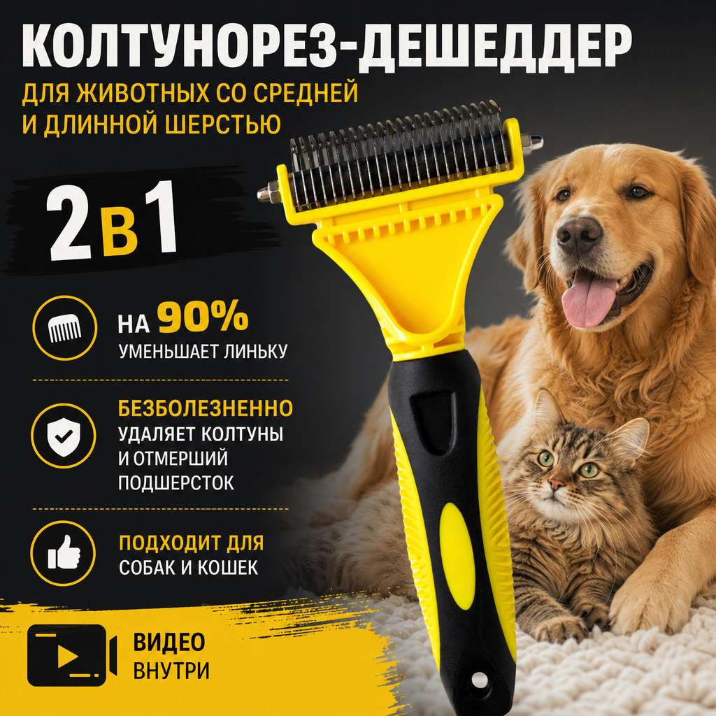 Профессиональная щетка для груминга кошек и собак, снижает линьку, распутывает колтуны, для густой шерсти