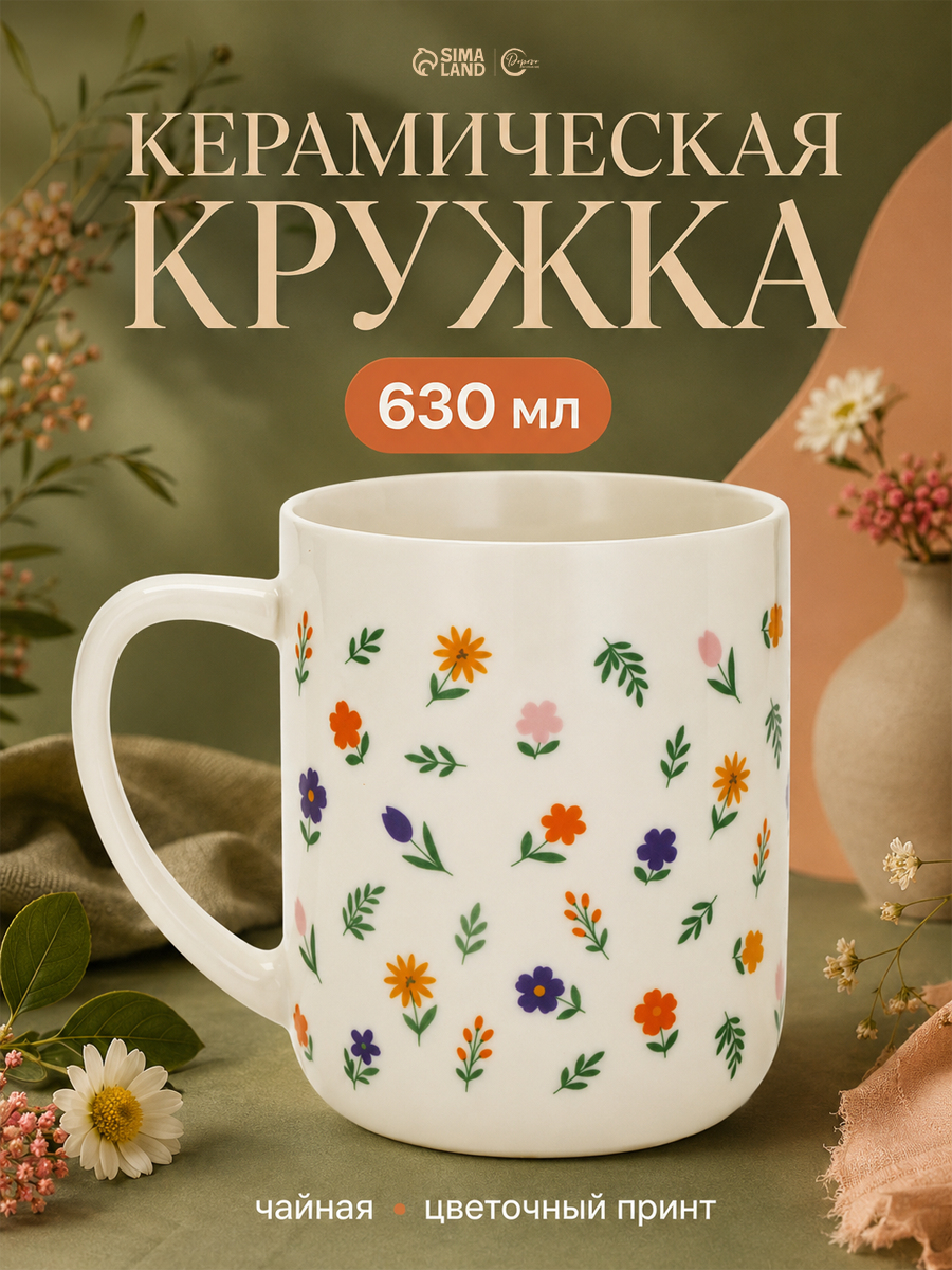 Кружка Дорого внимание чайная керамическая «Цветы», 630 мл, белая