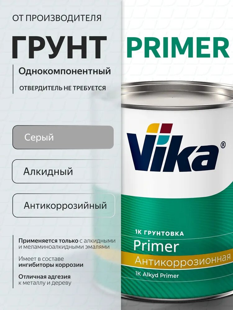 Грунт алкидный Праймер Vika, серый, антикоррозийный однокомпонентный, 1 кг