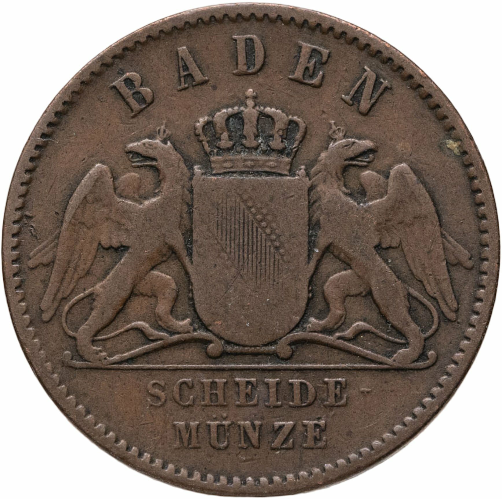 Германия, Баден 1 крейцер 1864, Медь, в сохранности VF