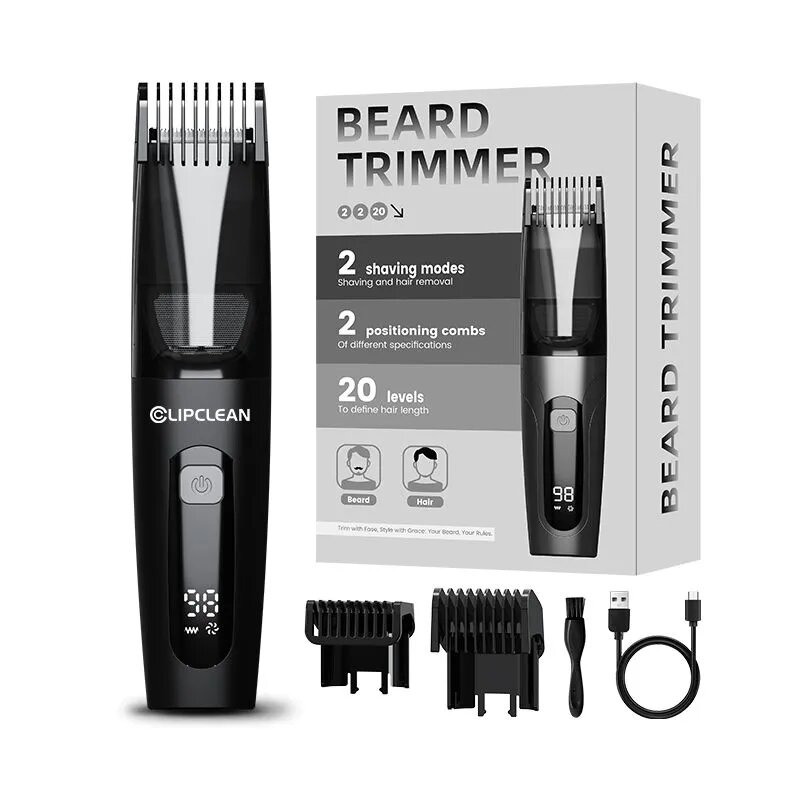 CLIPCLEAN Триммер для бороды и усов Vacuum Beard Trimmer, кол-во насадок 2