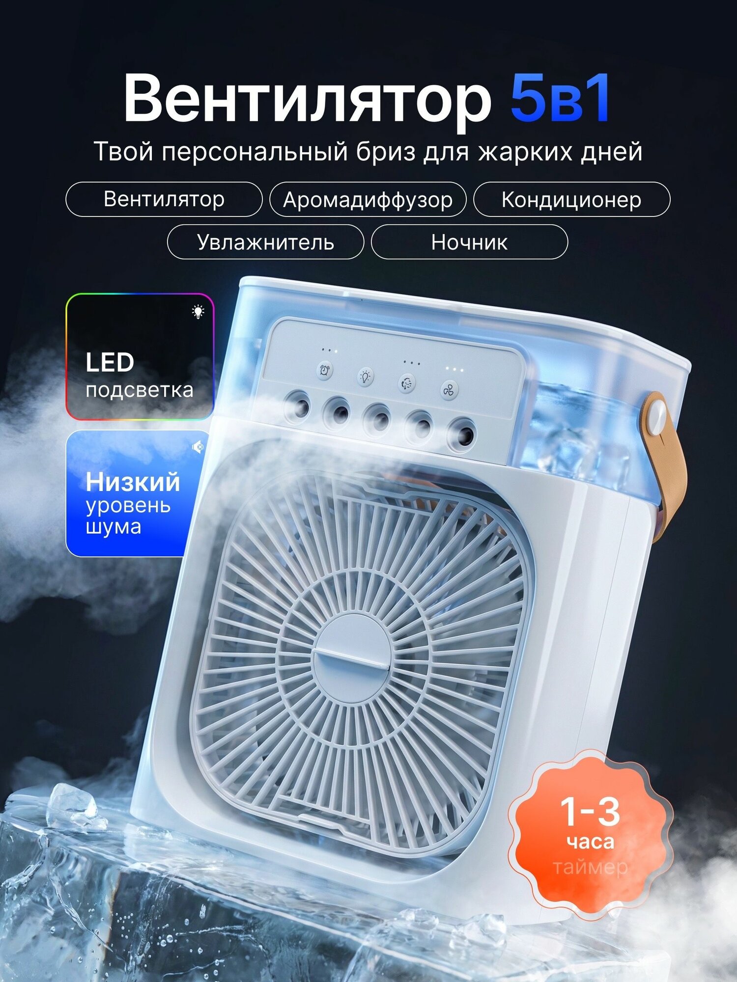 Вентилятор настольный с увлажнителем мощный бесшумный портативный, мини кондиционер охладитель воздуха, увлажнитель воздуха с вентилятором.