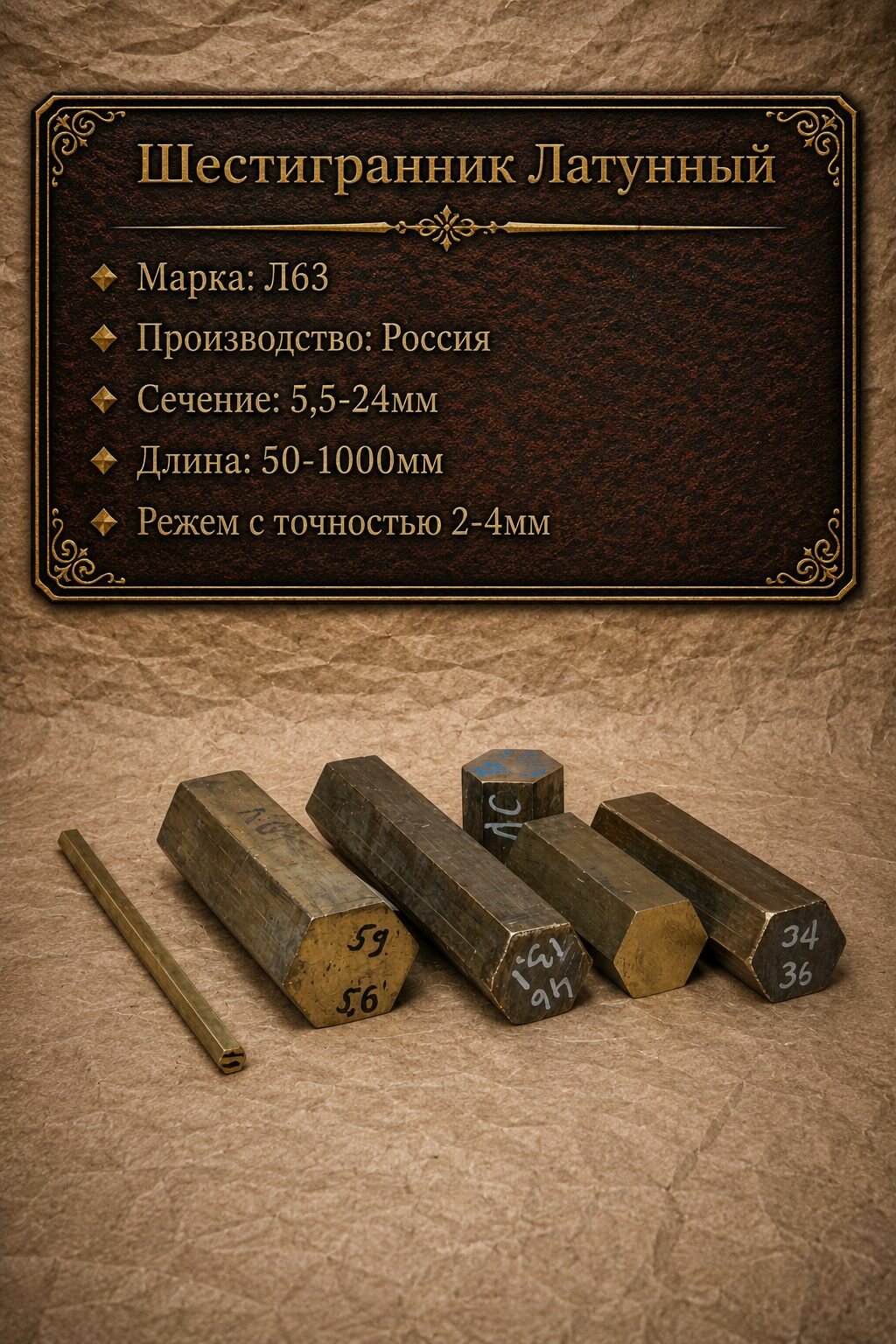 Латунный Шестигранник, Латунь Л63, Шестигранный пруток, Сечение 5,5 мм, длина 500 мм