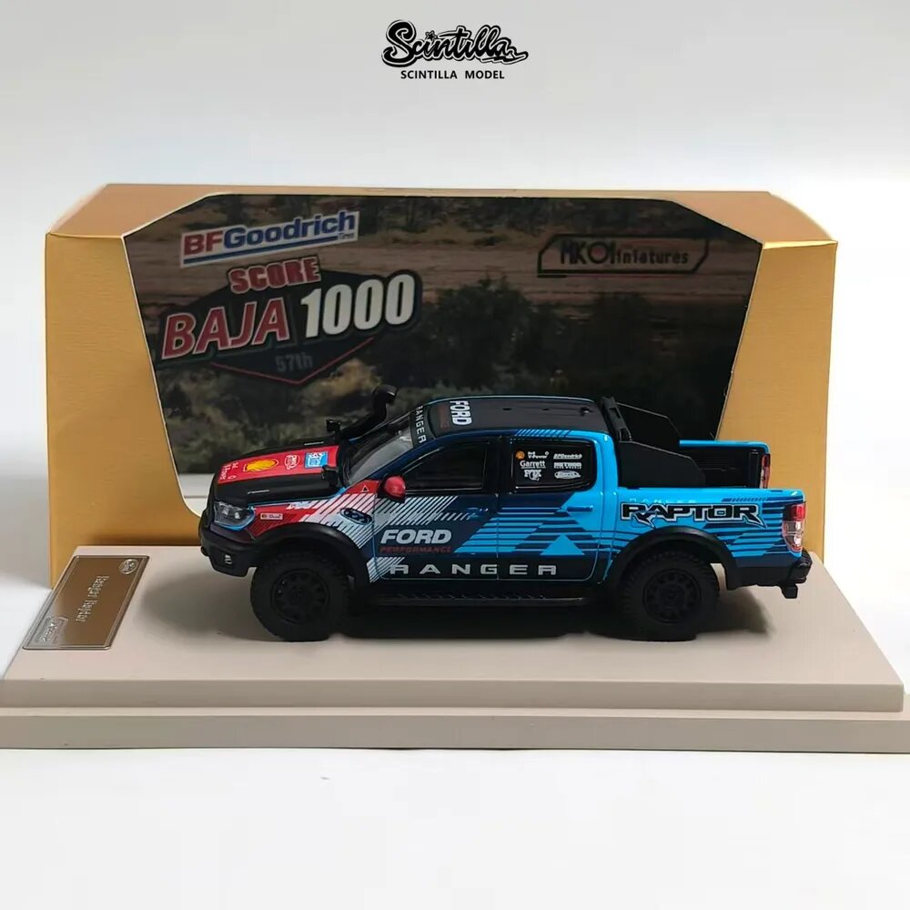 Масштабная модель автомобиля MK Miniatures 1/64 #Ford Ranger Raptor Baja 1000 Blue Alloy Car Model Collection Gift
