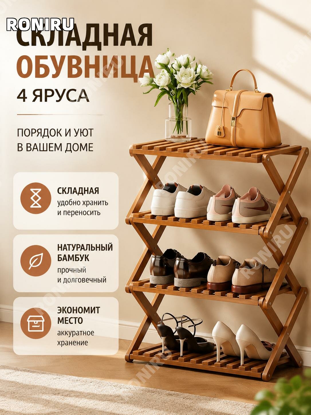 Обувница из бамбука4 яруса, складная полка для обуви, чайный цвет