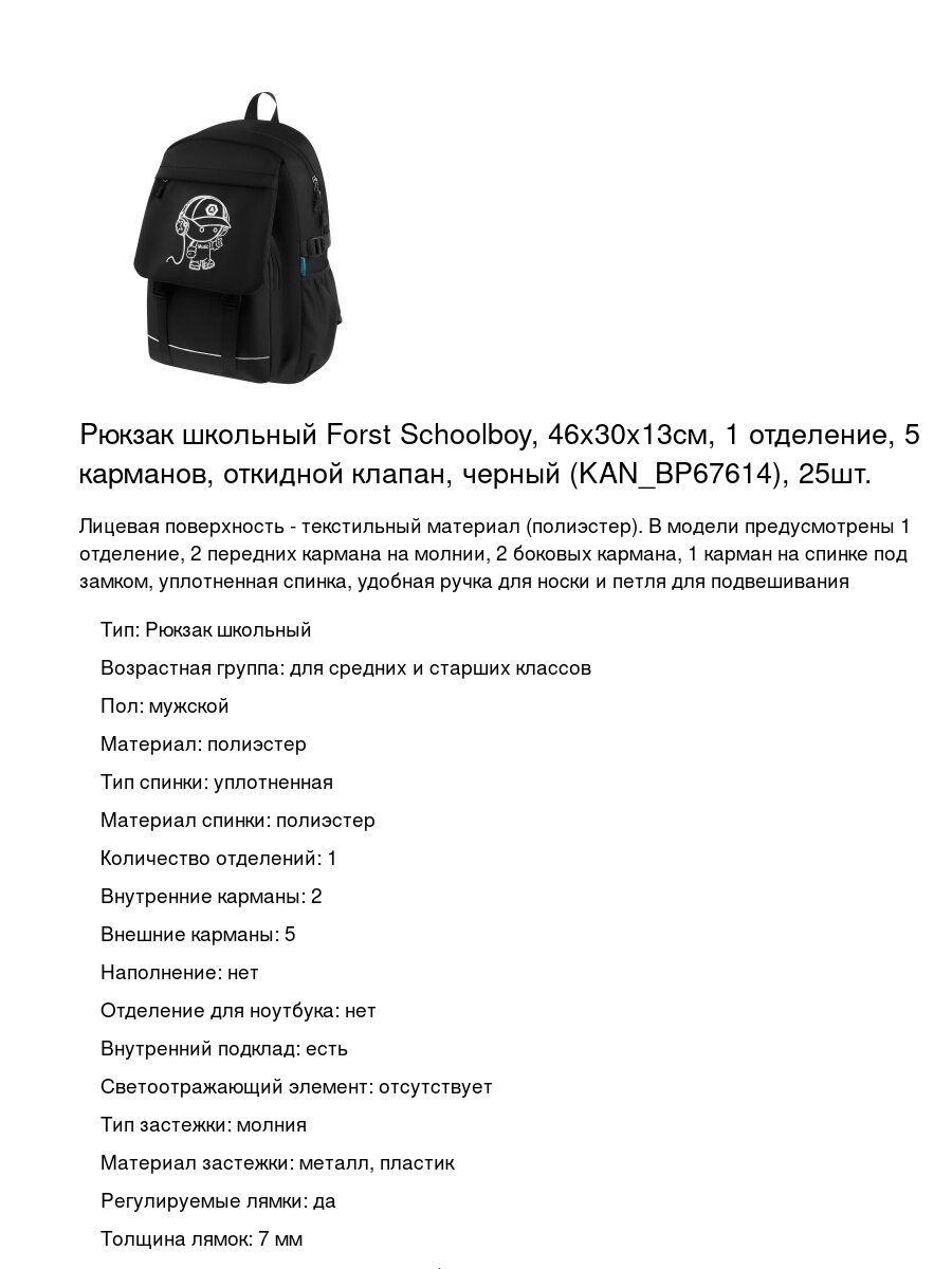 Рюкзак школьный Forst Schoolboy, 46x30x13см, 1 отделение, 5 карманов, откидной клапан, черный (KAN_BP67614), 25шт.