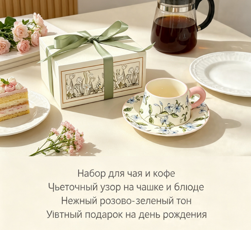 Набор керамической кружки с блюдцем в винтажном стиле с цветами, подарочная коробка с лентой, для кофе и чая