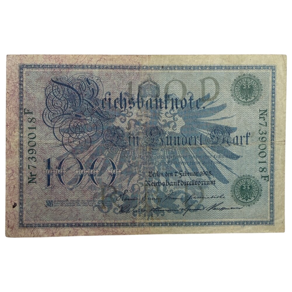 Германская империя (Германия) 100 марок 1908 г. (Зелёные печати) (Литера D) (Серия F)