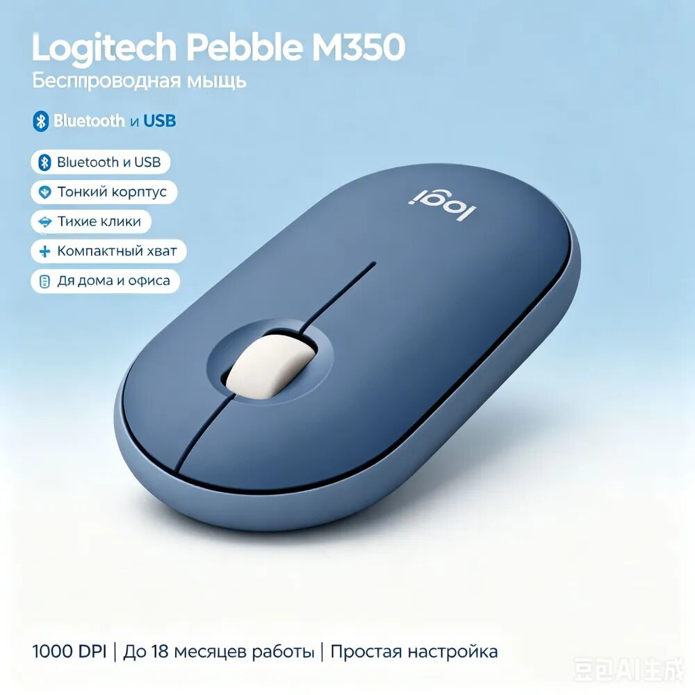 Мышь беспроводная Logitech Pebble M350, синий
