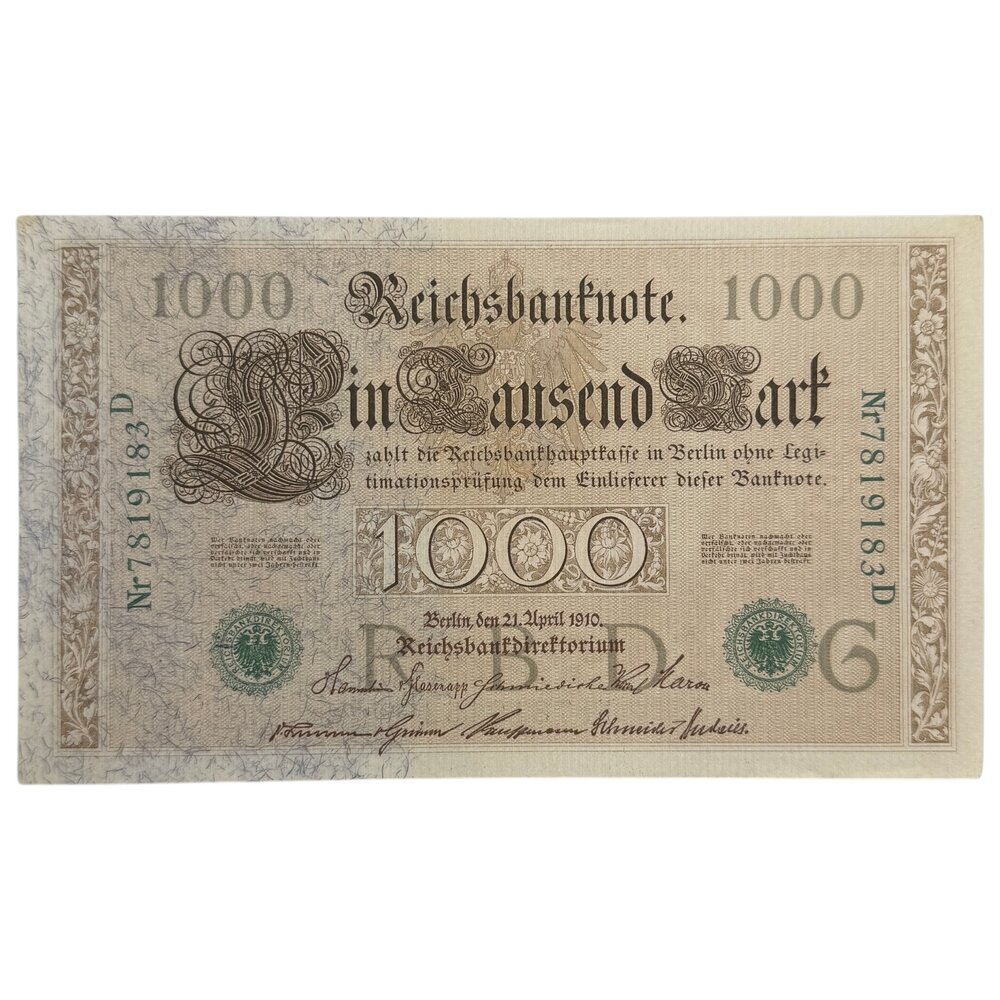 Германская империя 1000 марок 1910 г. (Зелёные печати) (Литера G) (Серия D) (7-значный номер)
