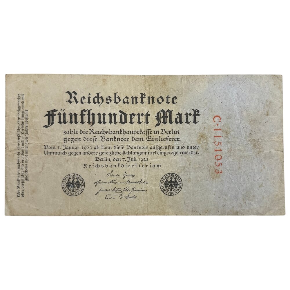 Веймарская республика (Германия) 500 марок 1922 г. (Серия C) (Красный 7-значный номер)