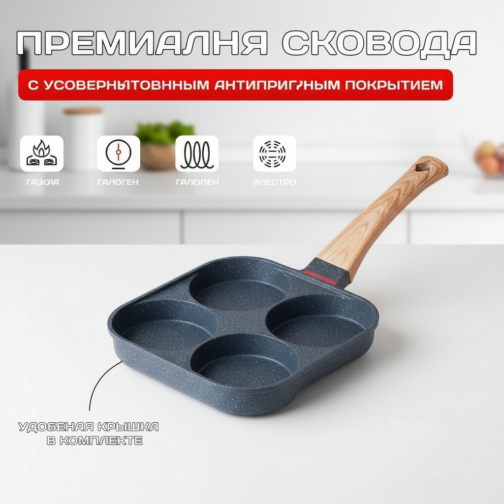 Серая антипригарная сковорода с секциями для завтрака блины яичница