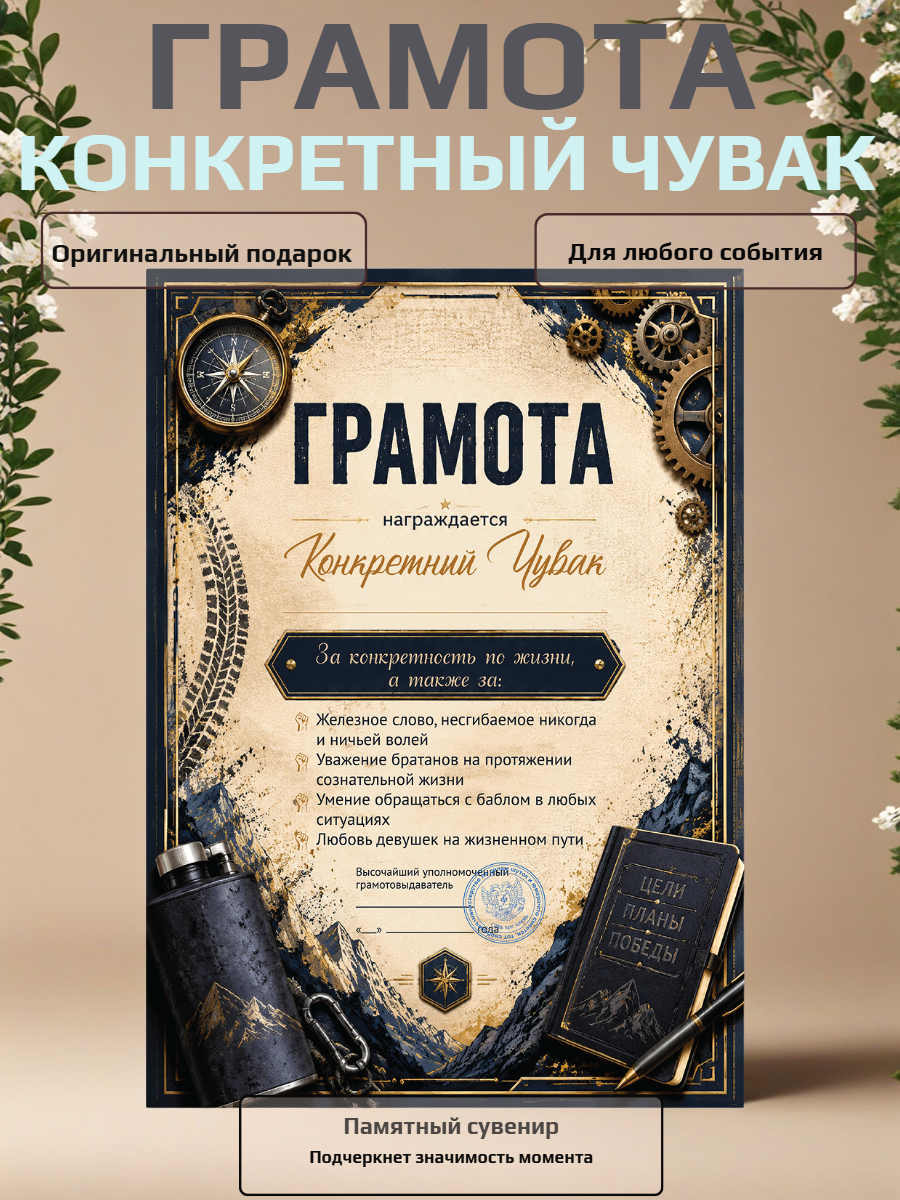 Грамота "Конкретный чувак", формат А4, Филькина грамота, картон