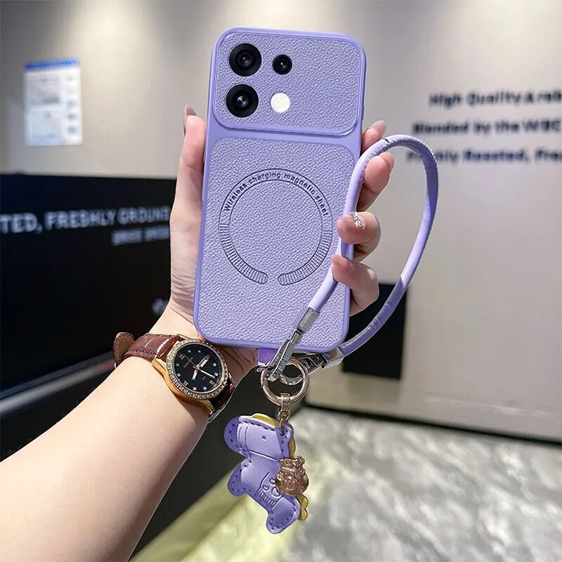 Фиолетовый чехол OPPO Reno16 5G с ремешком и MagSafe