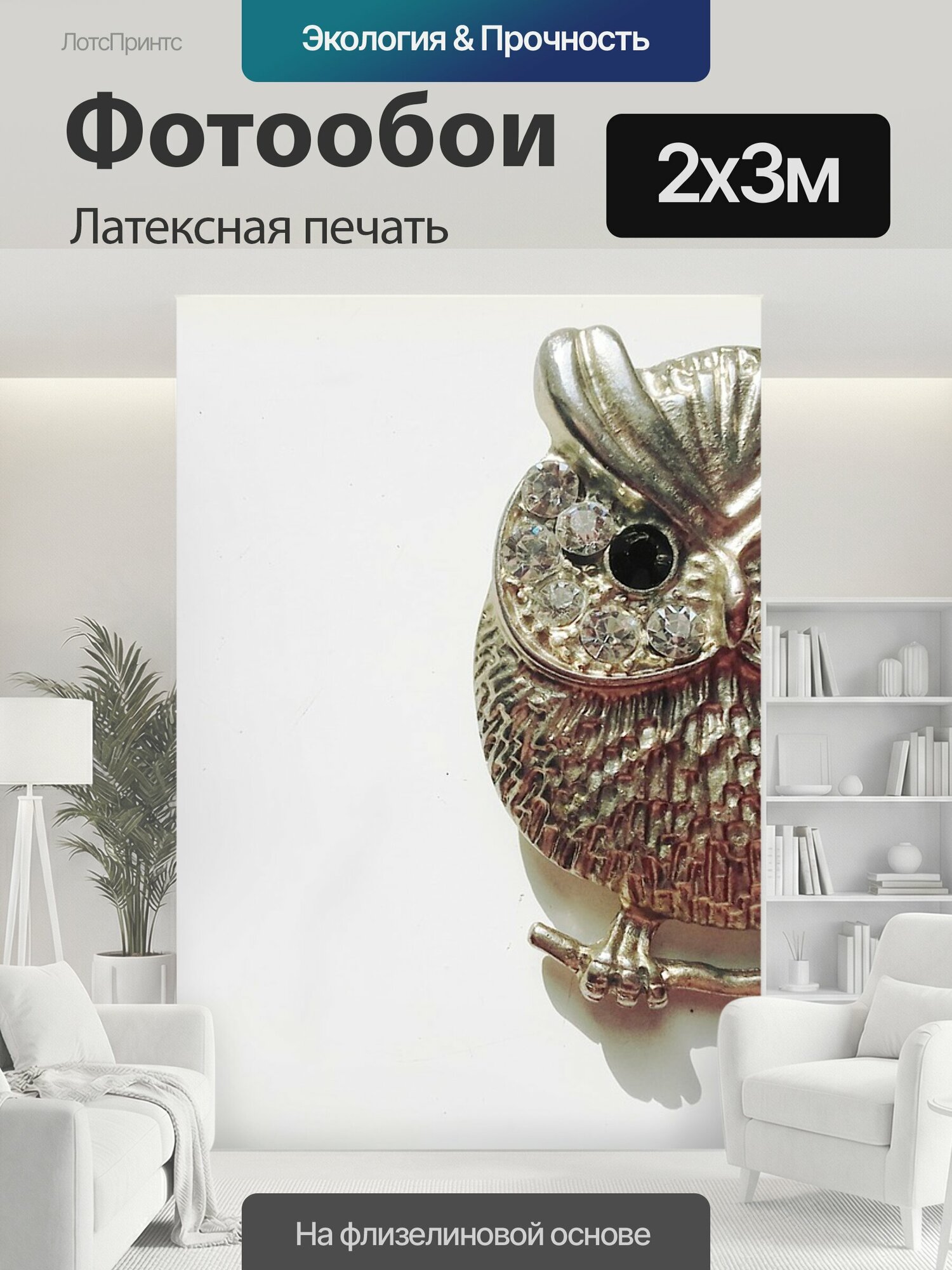 Фотообои моющиеся ударопрочные "Сова, ювелирные изделия, брошь" 200x300 см. латексная печать