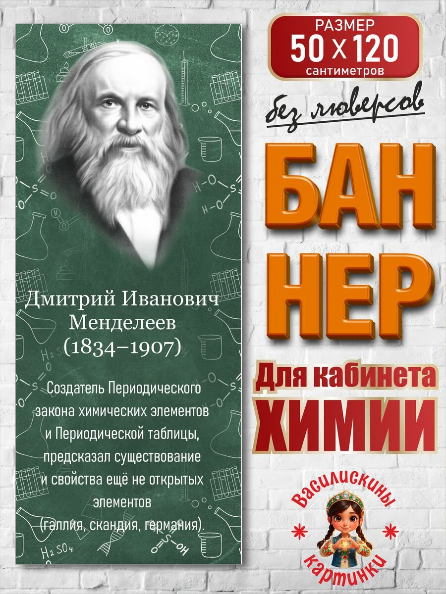 Баннер плакат в кабинет химии Д. И. Менделеев зеленый 50х120см