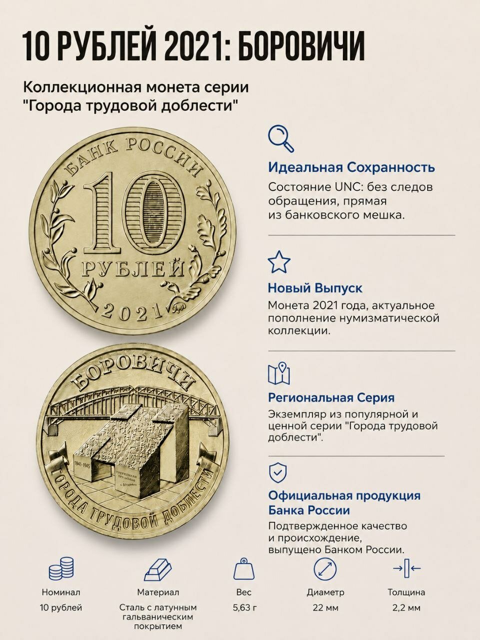 Монета 10 рублей 2021 Боровичи, Города трудовой доблести, памятная монета Банка России, UNC