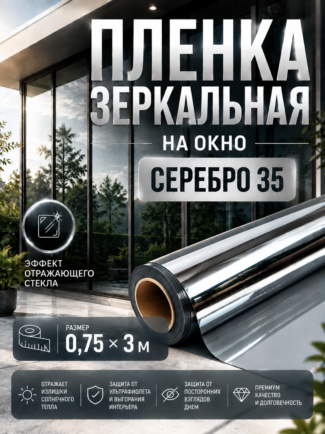 Зеркальная солнцезащитная пленка на окно серебристая Silver 35, 75х300см