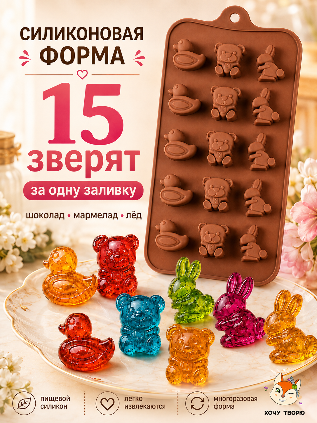 Силиконовая форма «Фигурки зверей» для шоколада, мармелада и льда, 15 ячеек, коричневая