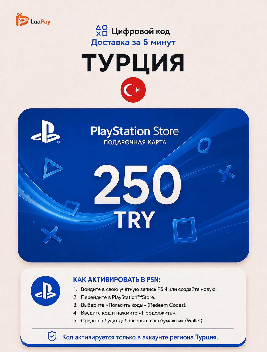 Подарочная карта PlayStation Store 250 TL турецких лир Турция / PSN Gift Card TR / Пополнение счета PSN