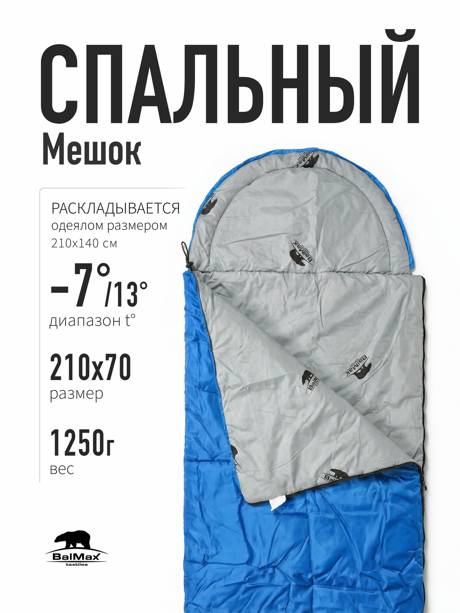 Спальный мешок, одеяло, спальник c подголовником Balmax ALASKA Econom Series синий, до -7 C