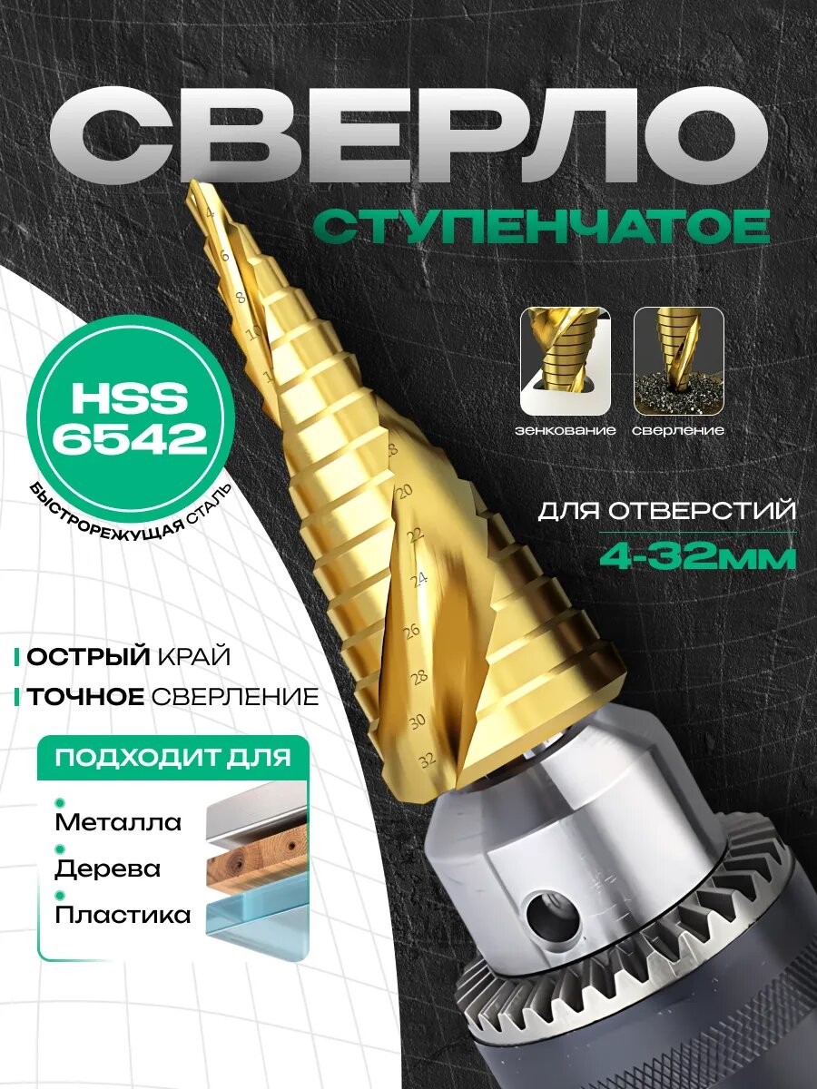 Сверло ступенчатое спиральное по металлу 4-32 мм
