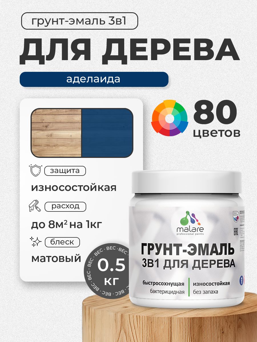 Акриловая Грунт-Эмаль 3 в 1 Malare для деревянных поверхностей/ краска по дереву с антисептическим эффектом/ быстросохнущая моющаяся без запаха матовая, аделаида, 0.5 кг
