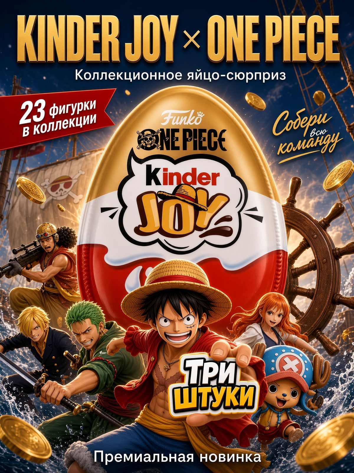 Kinder Joy ONE PIECE Funko Охота за Луффи началась! Лимитка с коллекционной фигуркой-сюрпризом 3 шт.