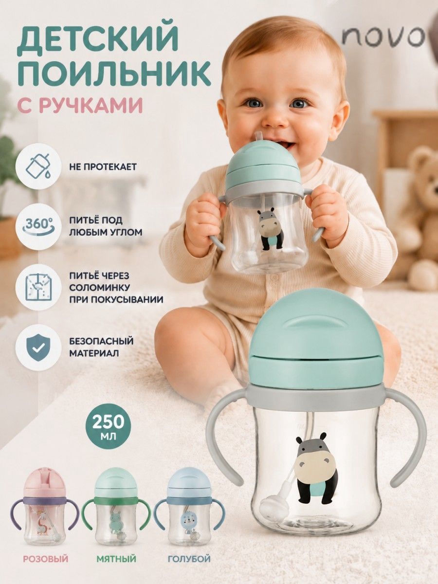 250мл, детская чашка для воды, Кружка-Поильник с силиконовой трубочкой, непроливайка, бутылка для кормления, с ручками