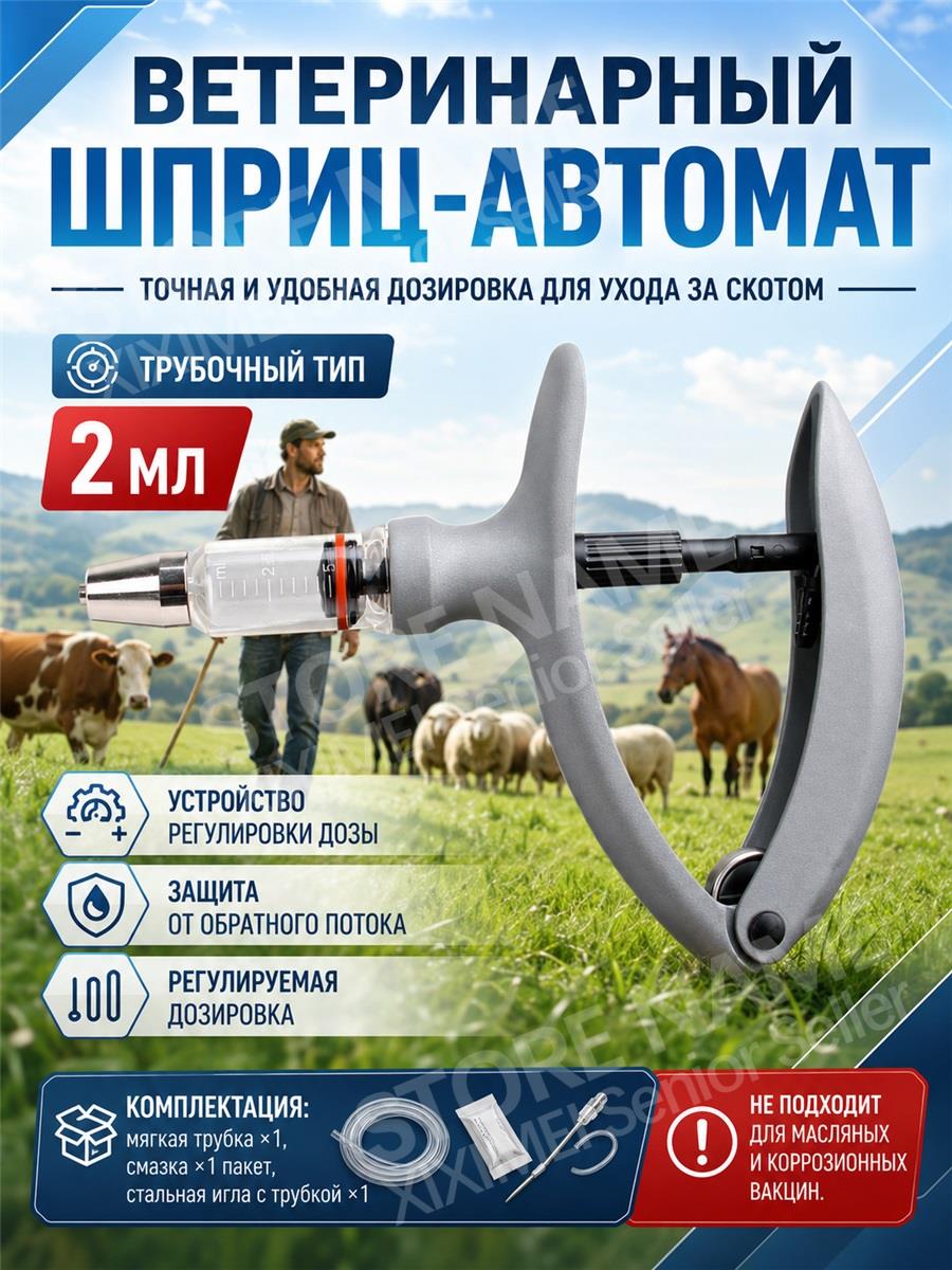 Шприц‑автомат ветеринарный флаконный тип, регулируемая дозировка для вакцинации крупного и мелкого скота в фермерском хозяйстве