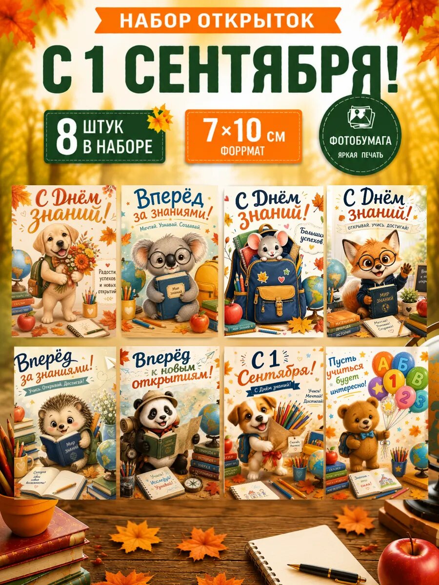 Набор мини открыток на 1 cентября с днем знаний 8 шт 7х10 см