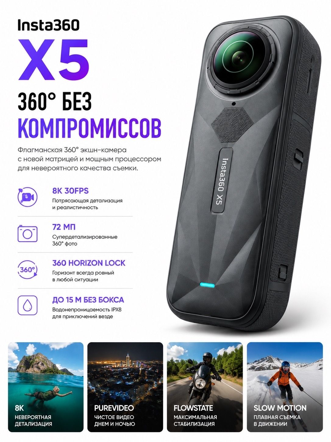 Экшн-камера Insta360 X5 Essentials Bundle 8K, 360°, стабилизация, комплект с селфи-палкой — фото 1